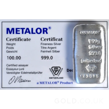 100g Metalor Silver Bar | GOLD.co.uk - From £282.60